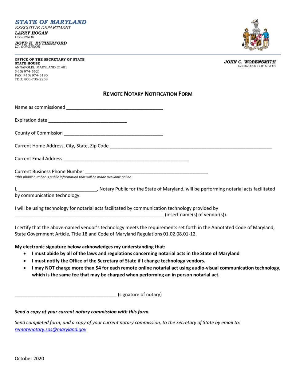 Maryland Remote Notary Notification Form - Fill Out, Sign Online and Download PDF | Templateroller