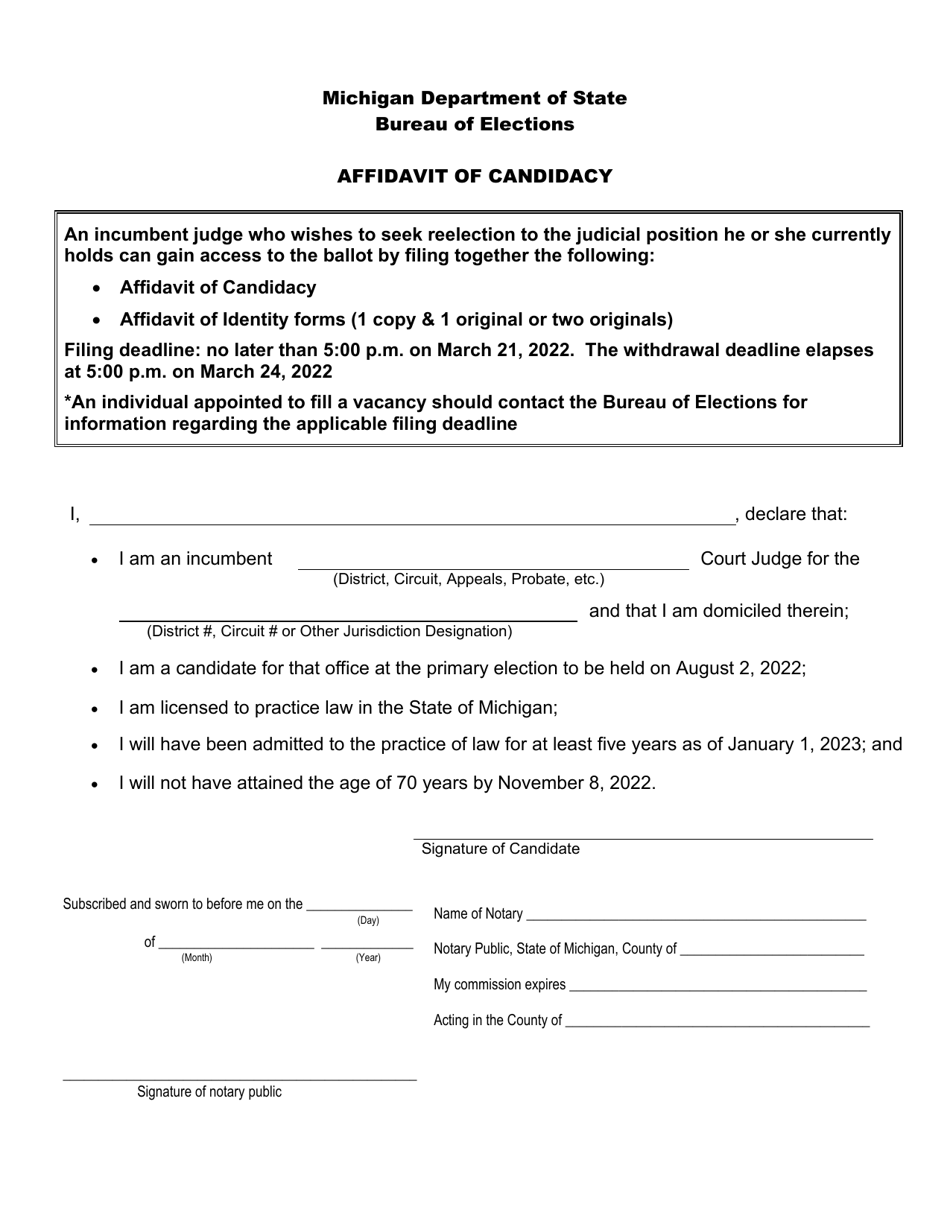 2022 Michigan Affidavit of Candidacy - Fill Out, Sign Online and ...