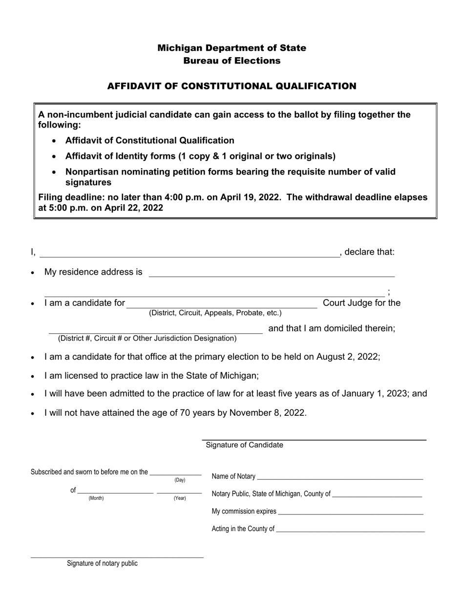 2022 Michigan Affidavit of Constitutional Qualification - Fill Out ...