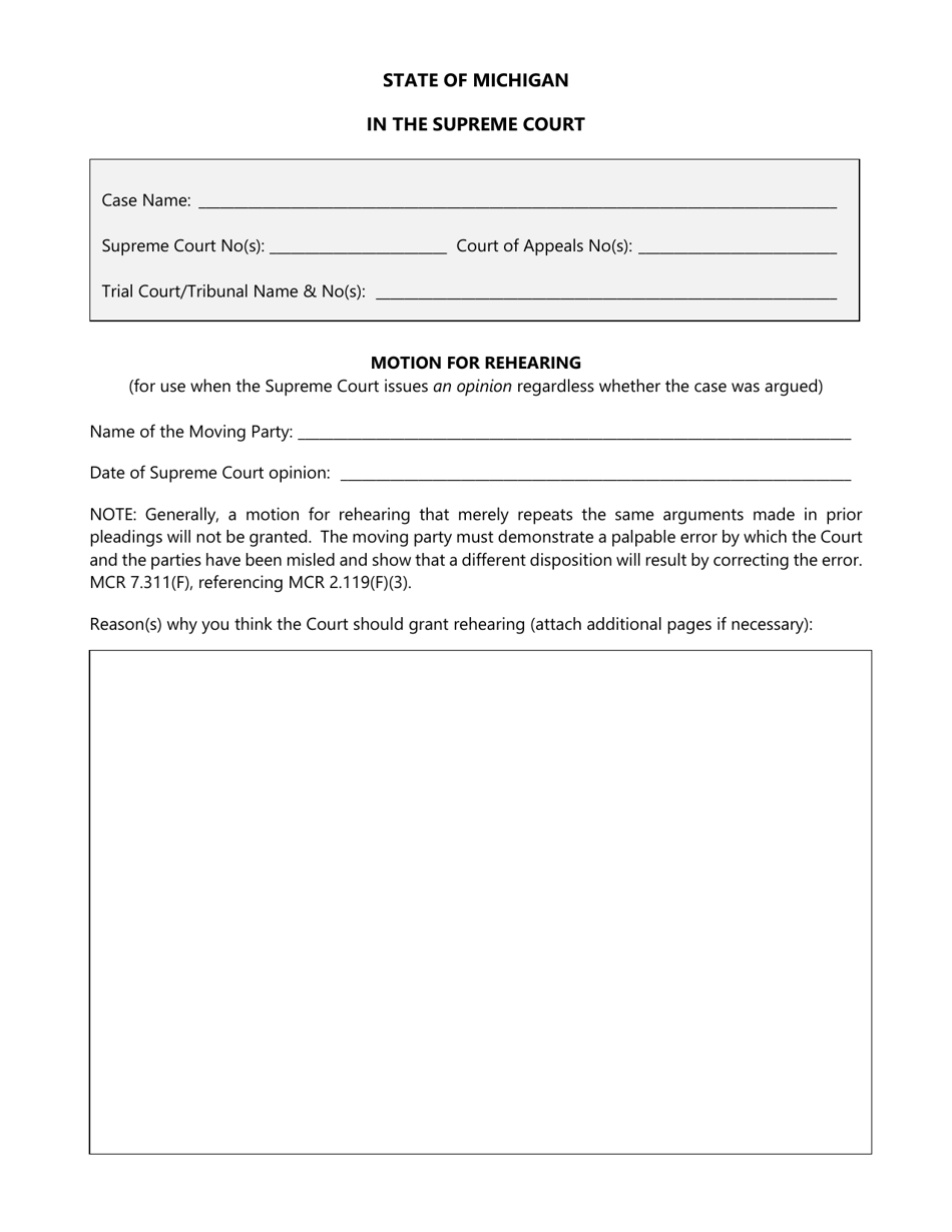 Michigan Motion for Rehearing - Fill Out, Sign Online and Download PDF | Templateroller