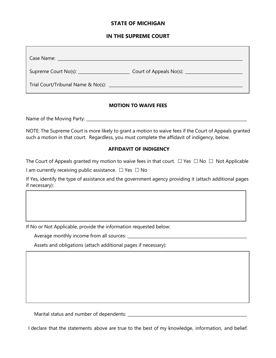 Michigan Motion to Waive Fees - Fill Out, Sign Online and Download PDF ...