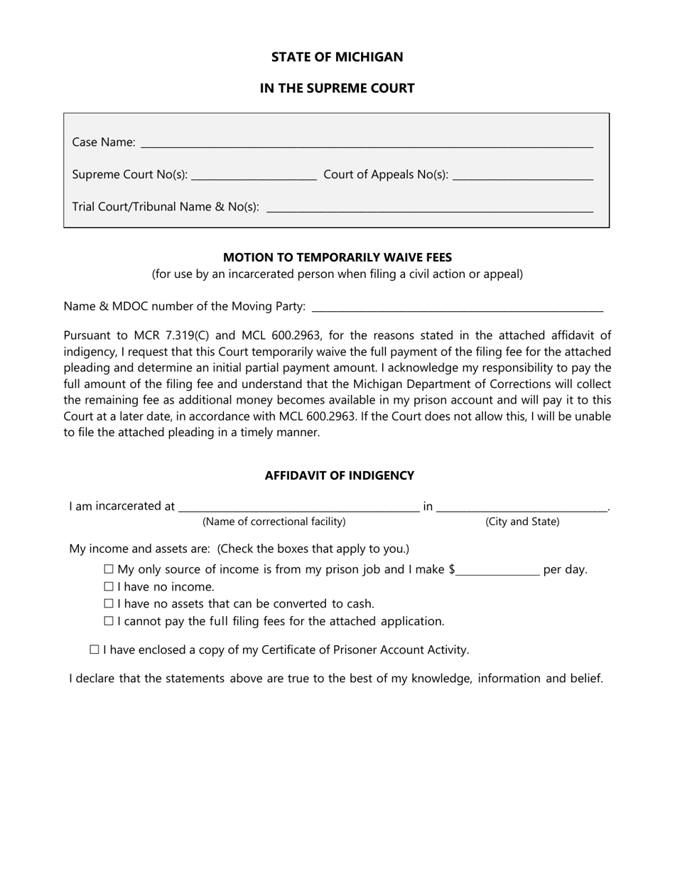 Michigan Motion to Temporarily Waive Fees - Fill Out, Sign Online and ...