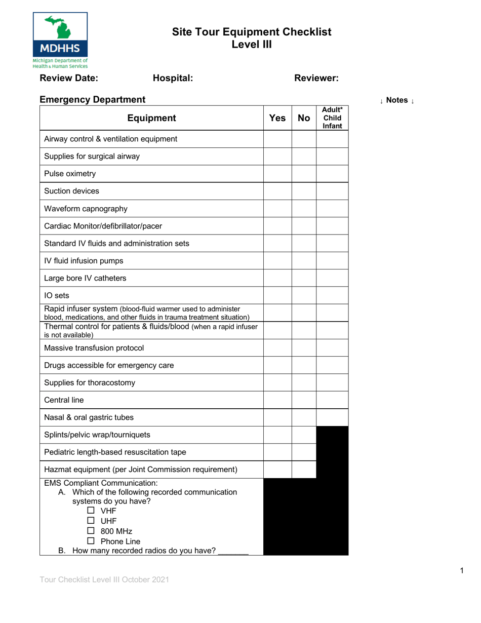 Michigan Site Tour Equipment Checklist - Level Iii Download Fillable ...