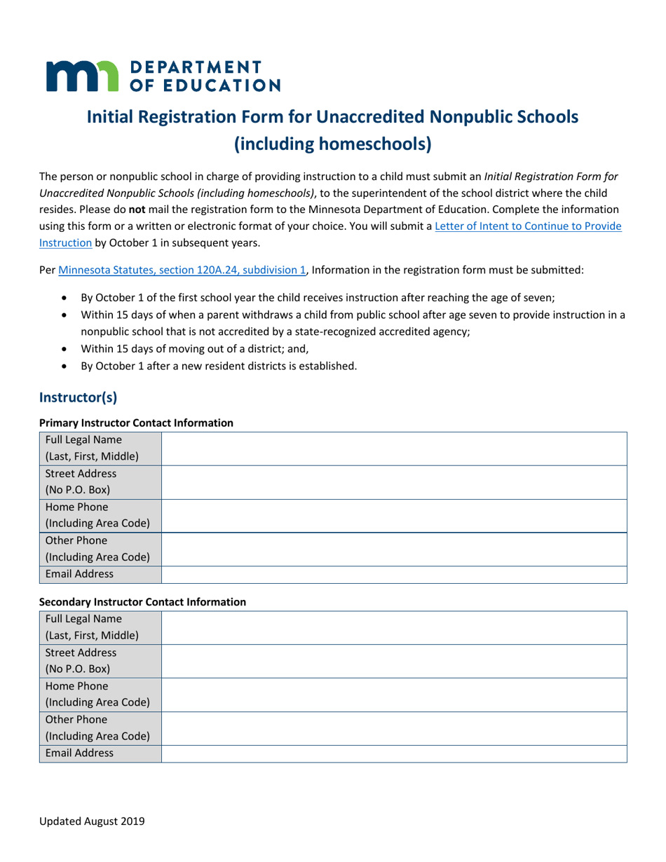 Minnesota Initial Registration Form for Unaccredited Nonpublic Schools ...