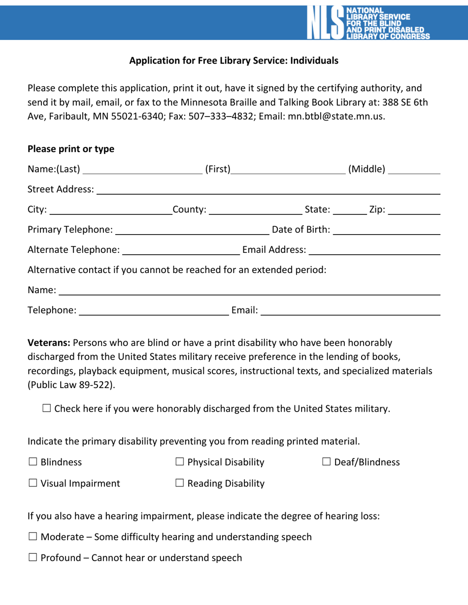 Minnesota Application for Free Library Service: Individuals - Fill Out ...