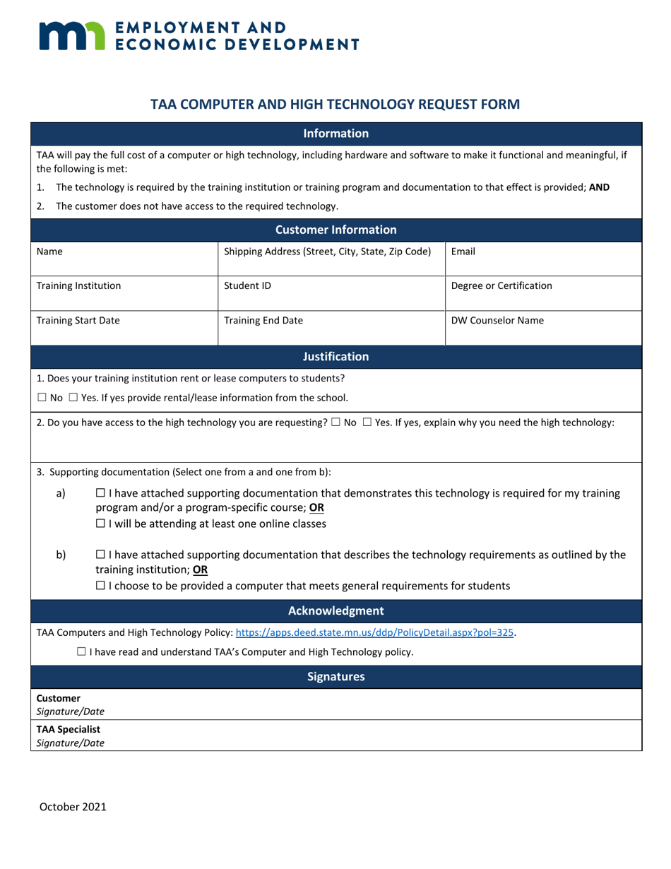 Minnesota Taa Computer and High Technology Request Form Download ...