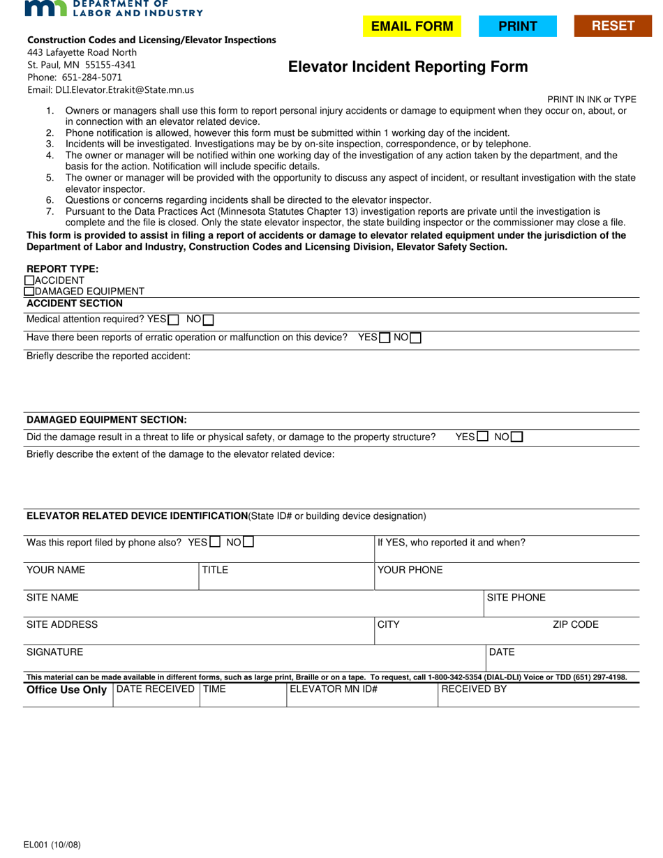 Form EL001 - Fill Out, Sign Online and Download Fillable PDF, Minnesota ...