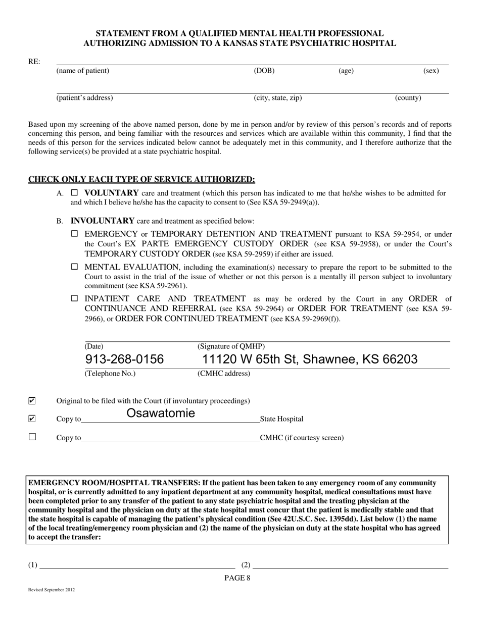 Kansas Statement From a Qualified Mental Health Professional ...