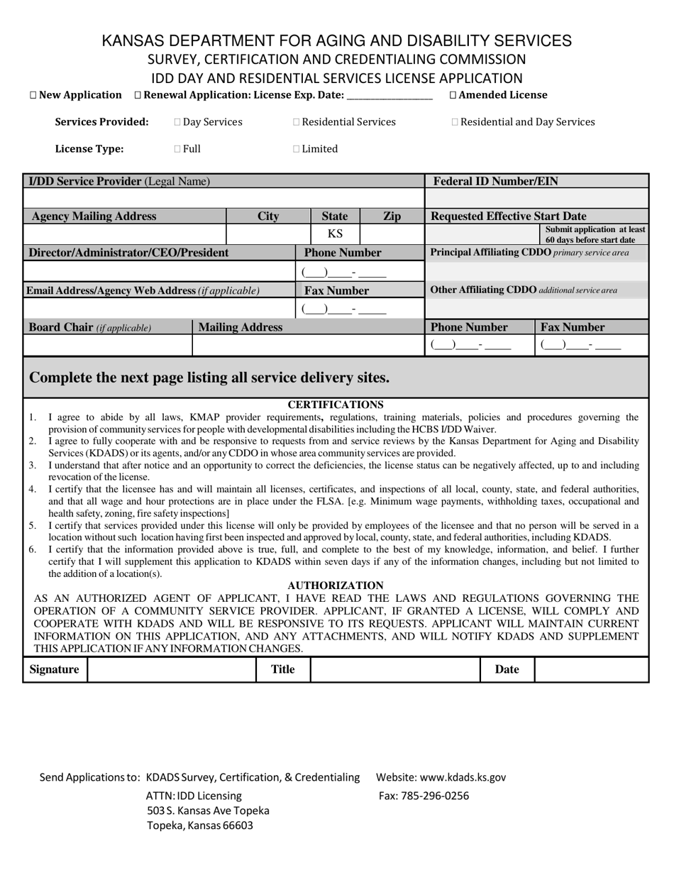 Kansas Idd Day and Residential Services License Application - Fill Out, Sign Online and Download ...