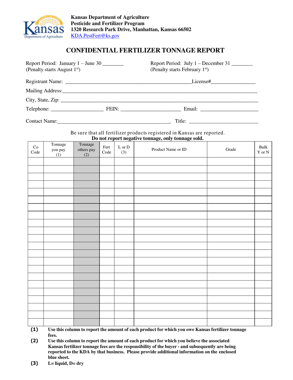 Kansas Confidential Fertilizer Tonnage Report Download Printable PDF ...