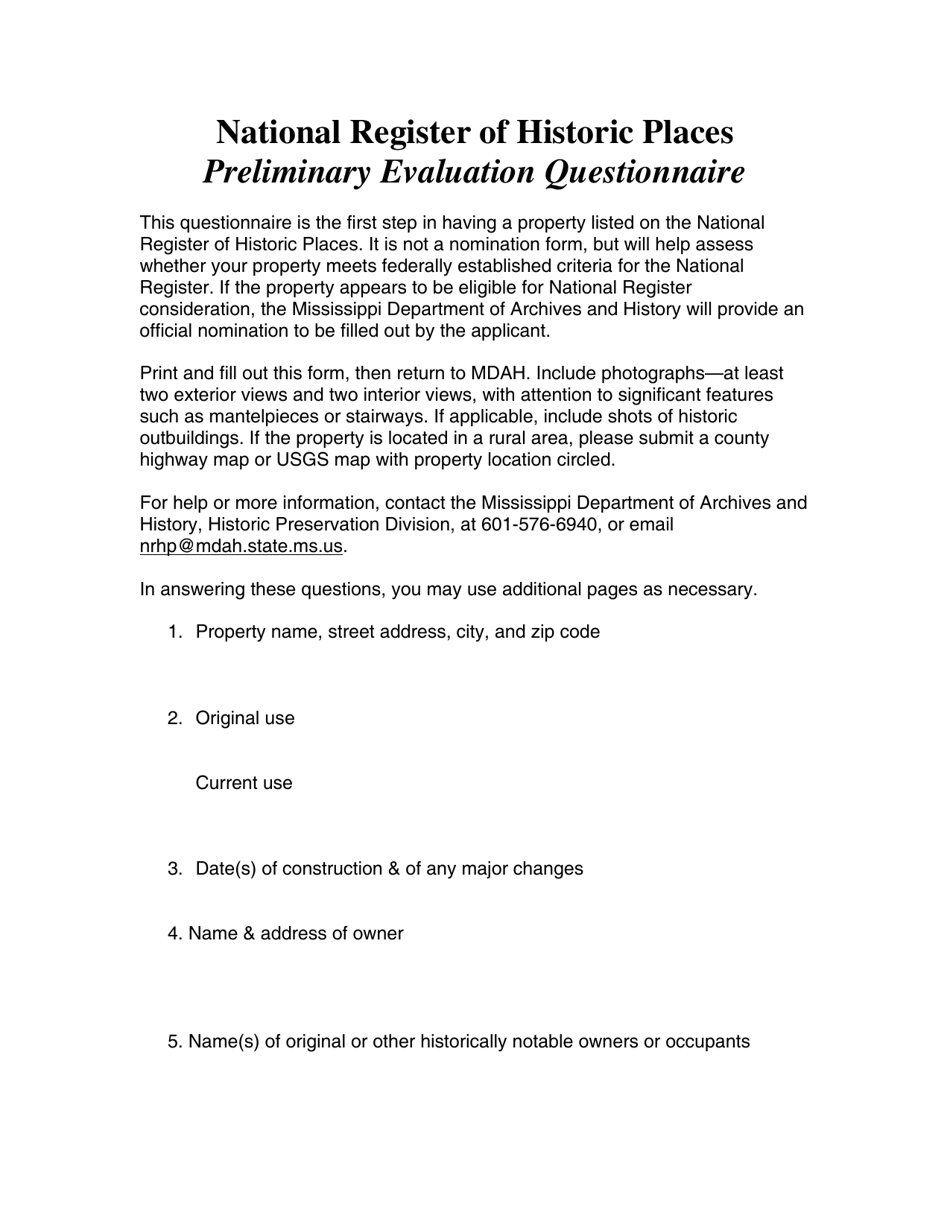 Mississippi National Register of Historic Places Preliminary Evaluation ...