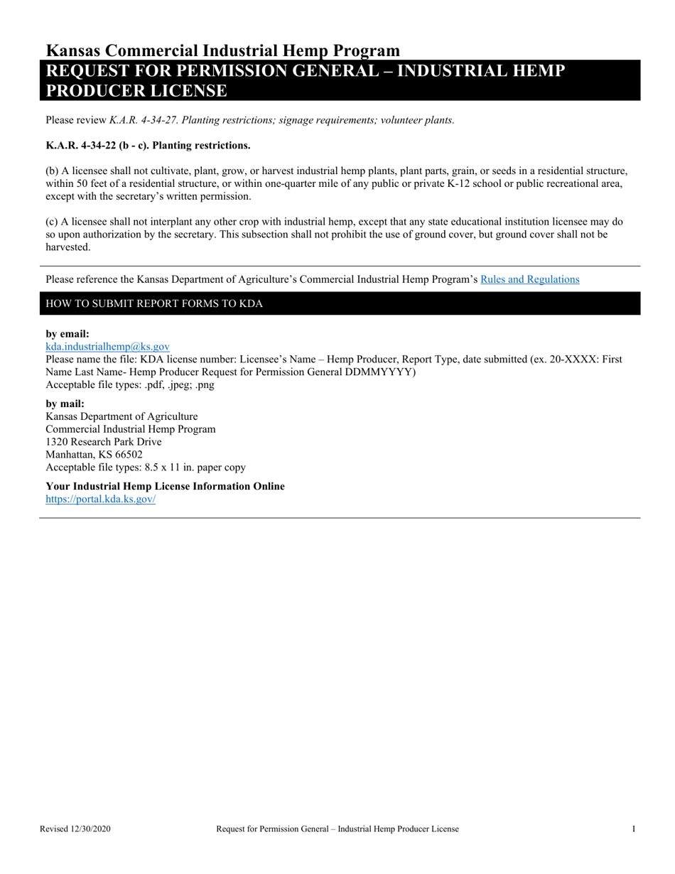 Kansas Request for Permission General - Industrial Hemp Producer ...