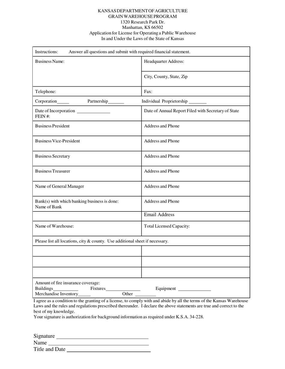Kansas Application for License for Operating a Public Warehouse in and ...