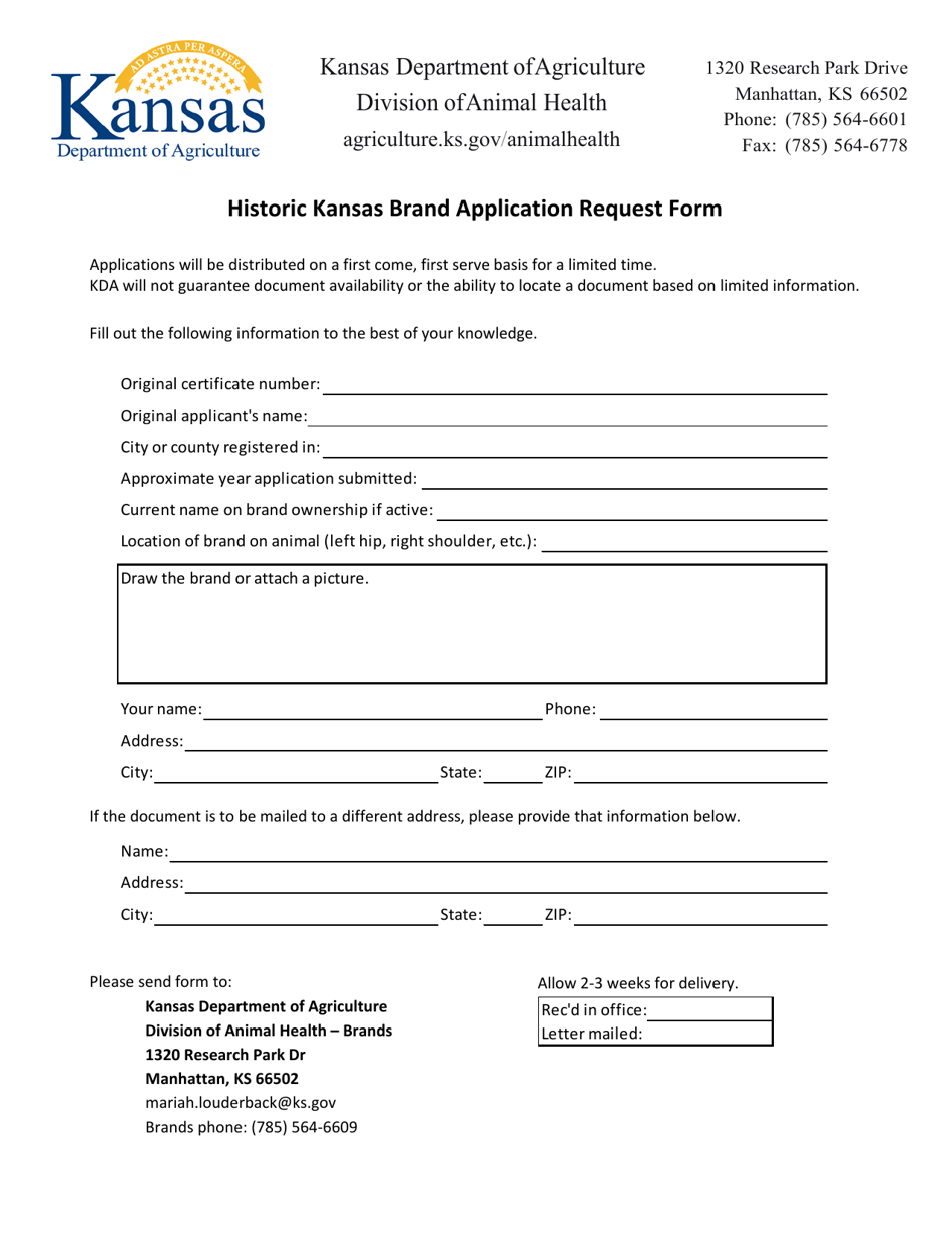 Kansas Historic Kansas Brand Application Request Form - Fill Out, Sign ...
