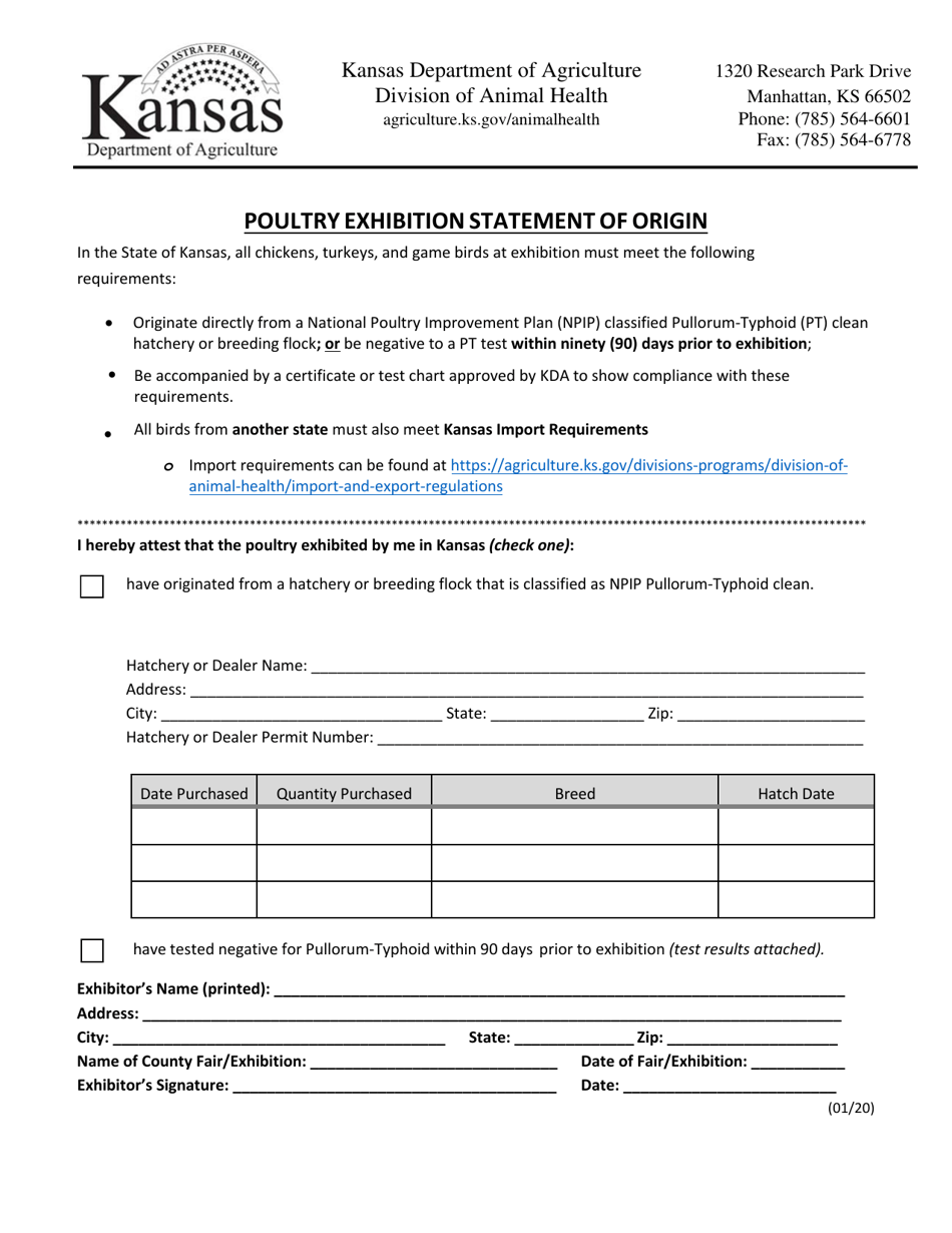 Kansas Poultry Exhibition Statement of Origin - Fill Out, Sign Online ...