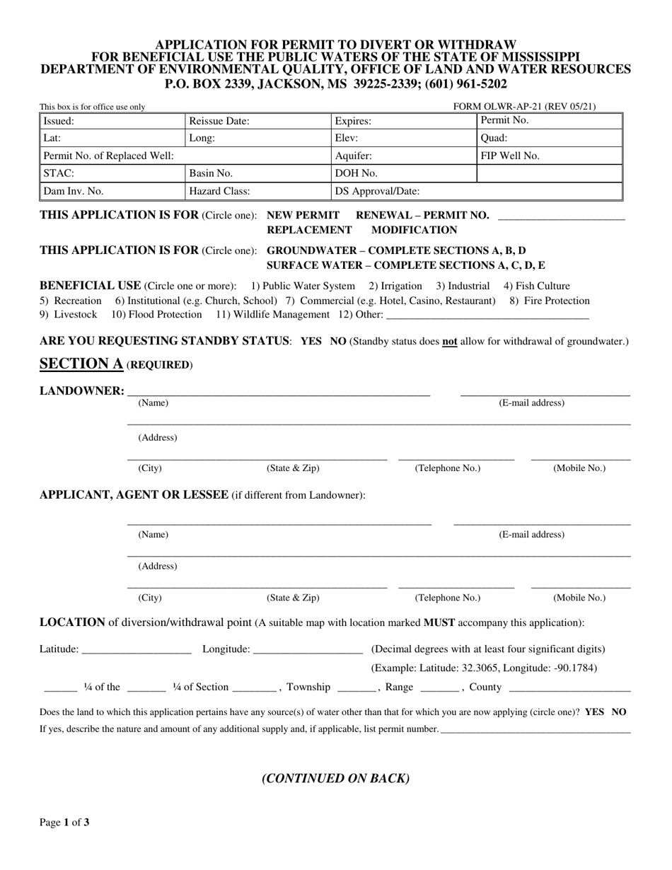 Form OLWR-AP-21 - Fill Out, Sign Online and Download Printable PDF ...