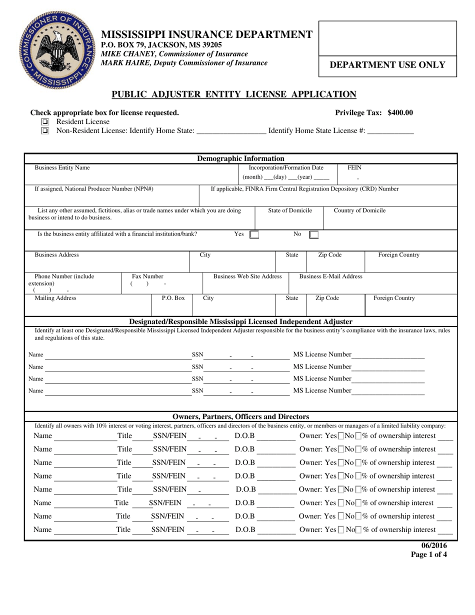 Mississippi Public Adjuster Entity License Application - Fill Out, Sign ...
