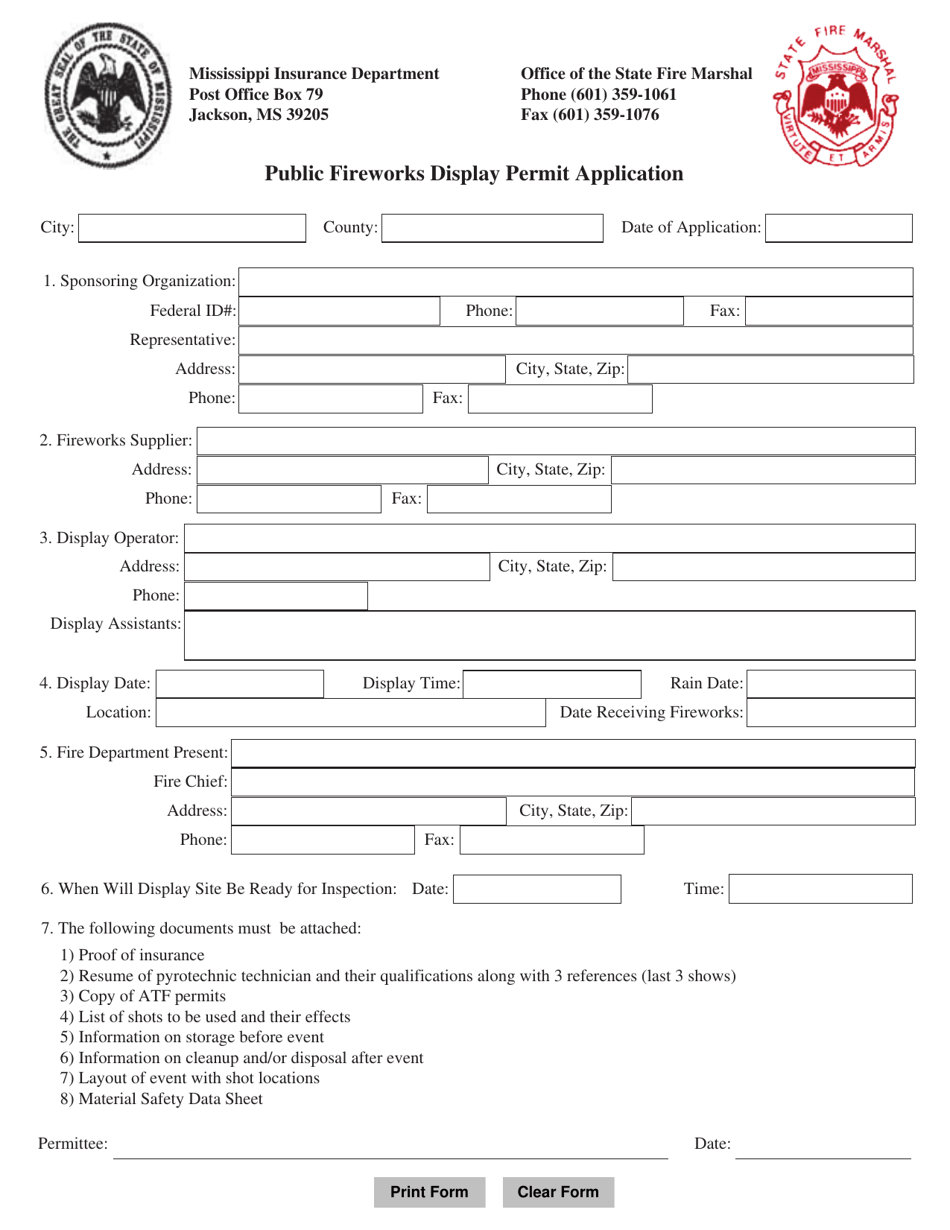 Mississippi Public Fireworks Display Permit Application - Fill Out ...