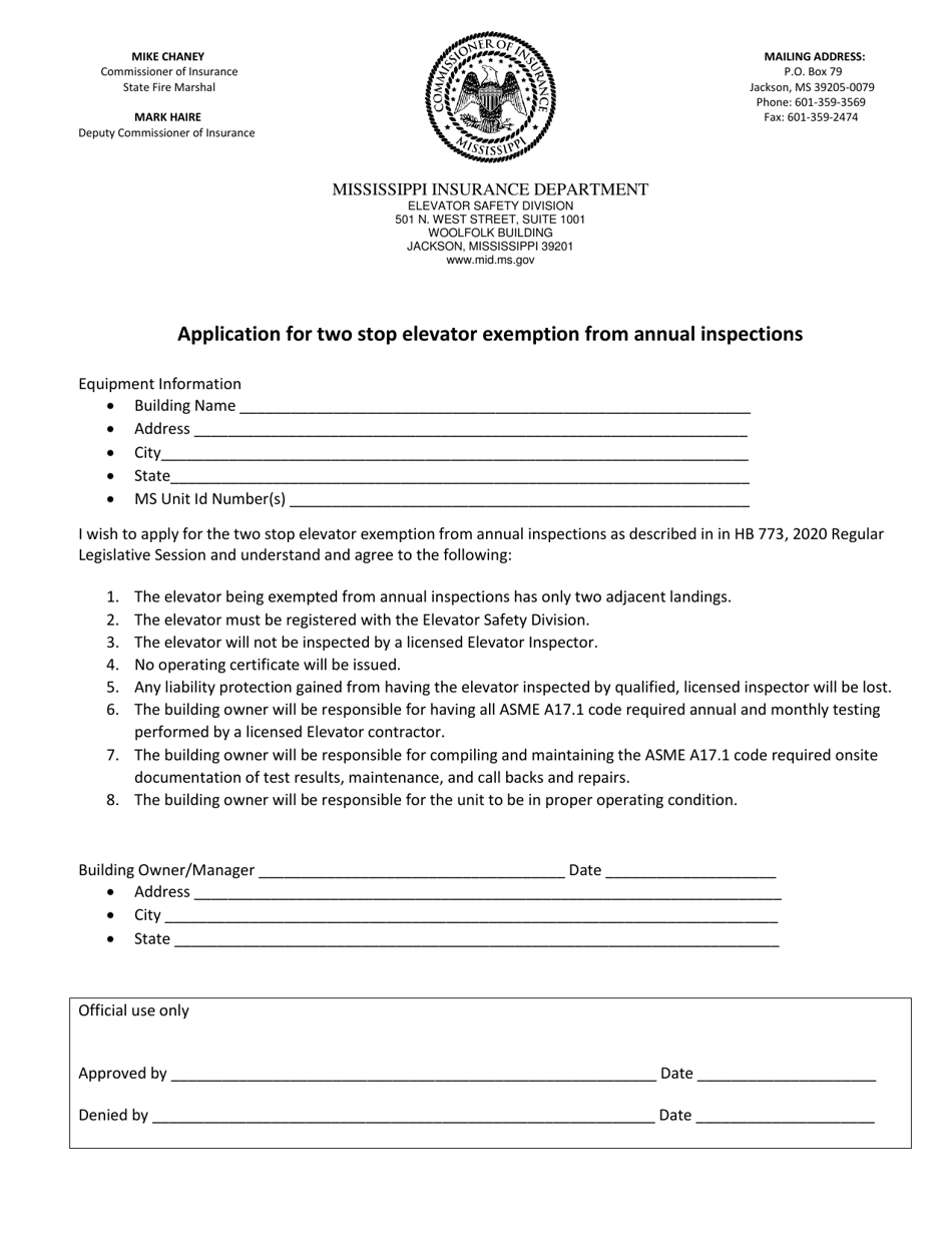 Mississippi Application for Two Stop Elevator Exemption From Annual ...