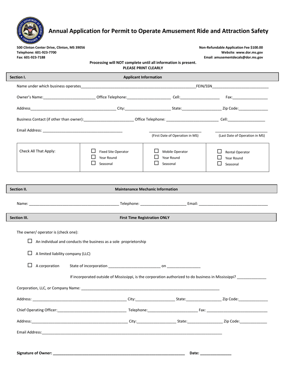 Mississippi Annual Application for Permit to Operate Amusement Ride and ...