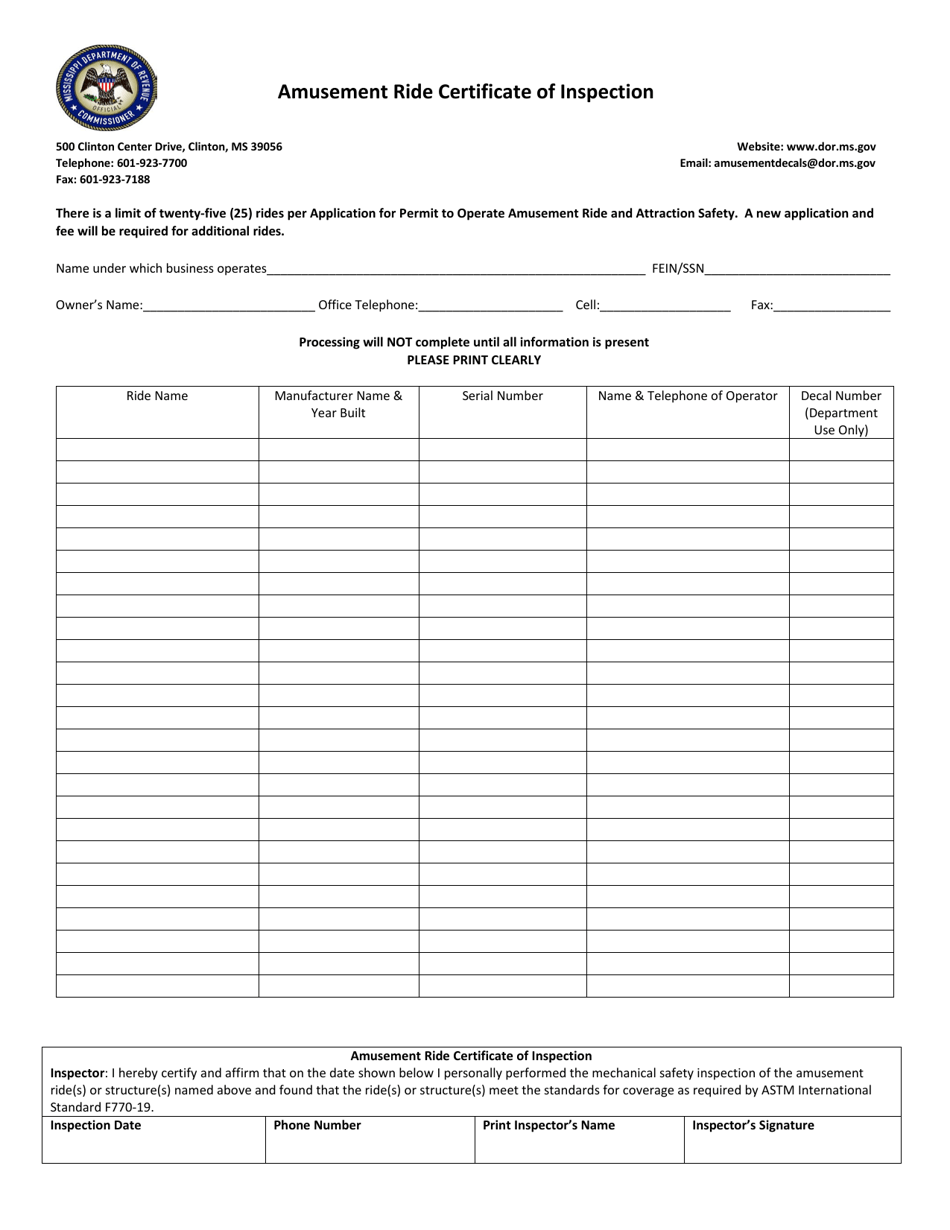 Mississippi Amusement Ride Certificate of Inspection - Fill Out, Sign ...