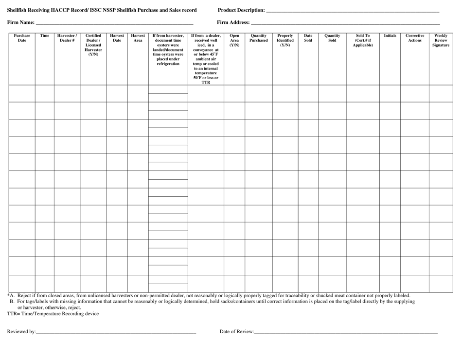 Mississippi Shellfish Receiving Haccp Record/Issc Nssp Shellfish ...