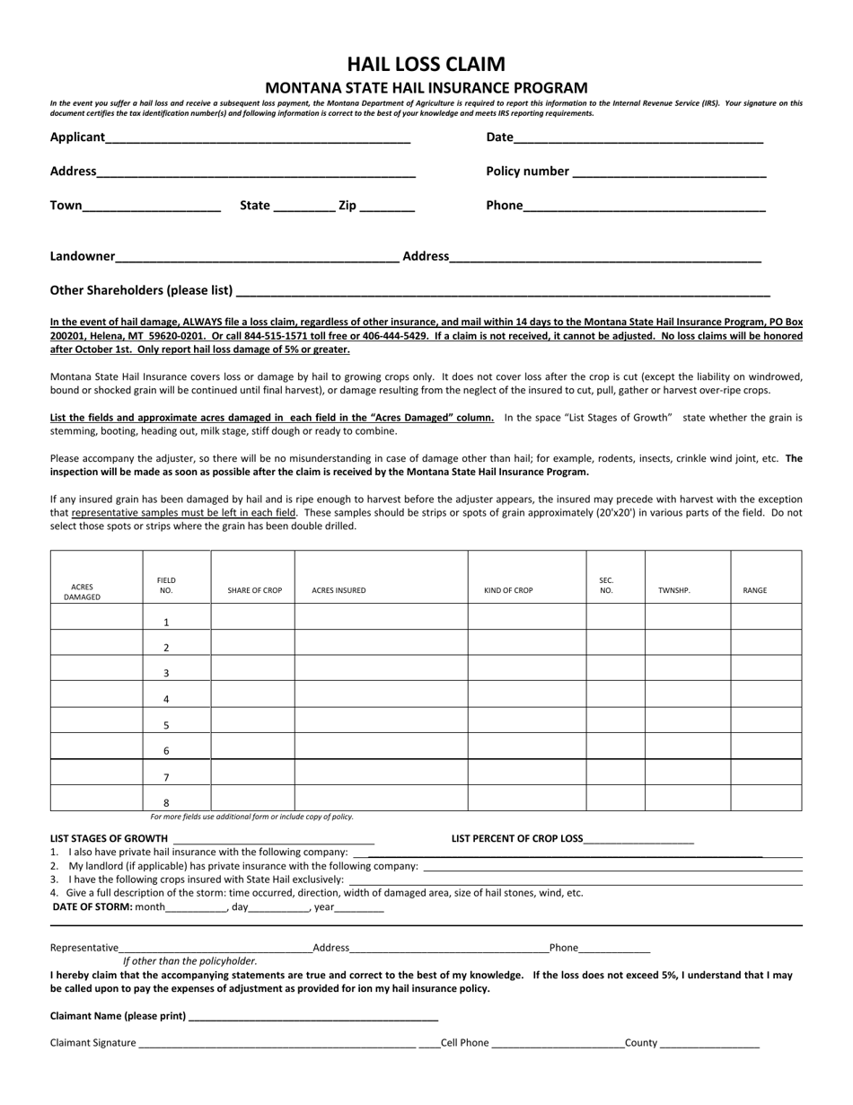 Montana Hail Loss Claim - Montana State Hail Insurance Program - Fill ...