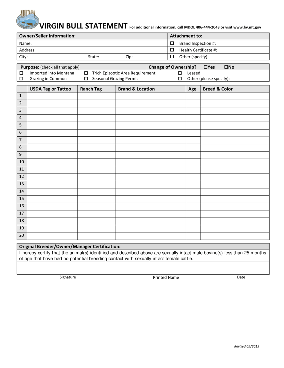 Montana Virgin Bull Statement - Fill Out, Sign Online and Download PDF ...