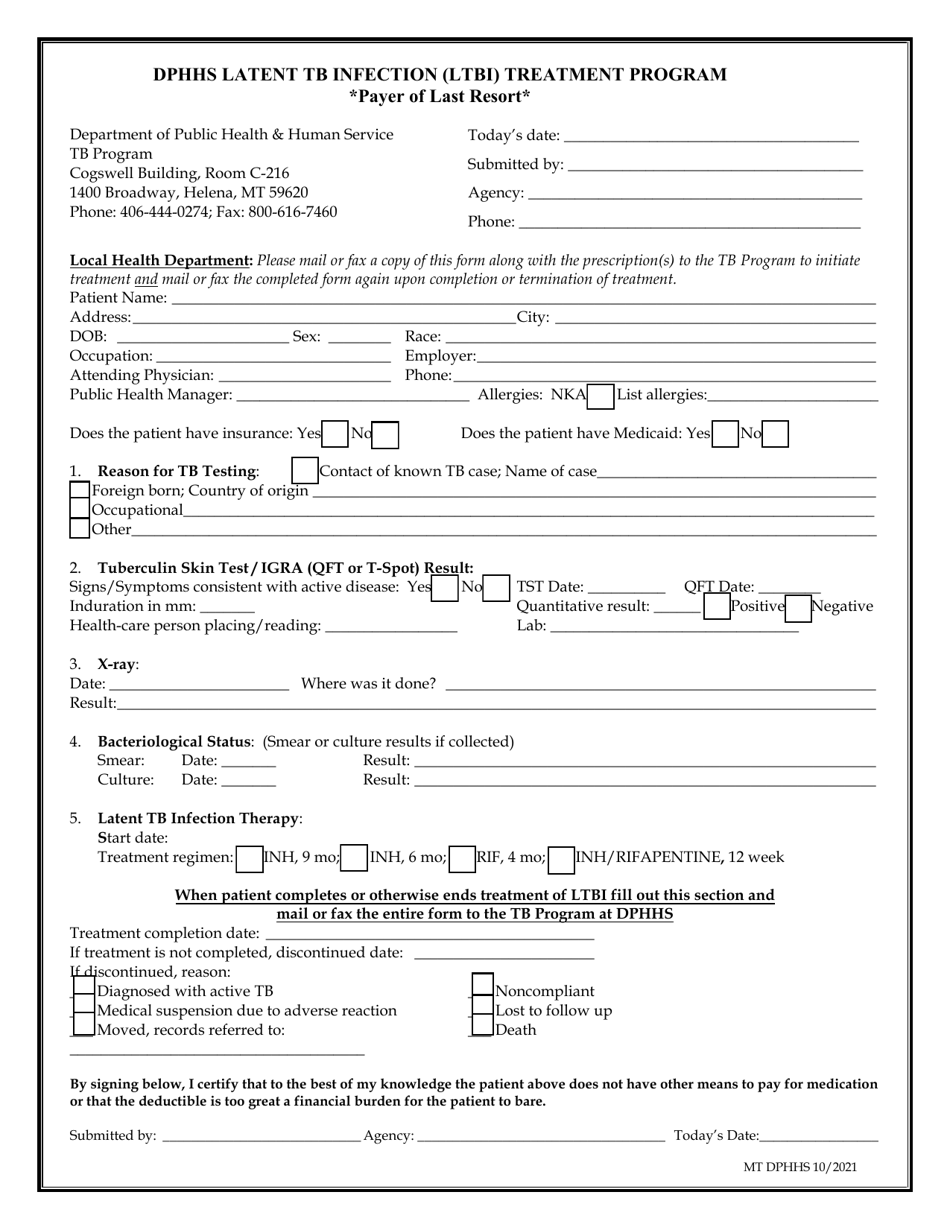 Montana Latent Tb Infection (Ltbi) Treatment Program Enrollment Form ...
