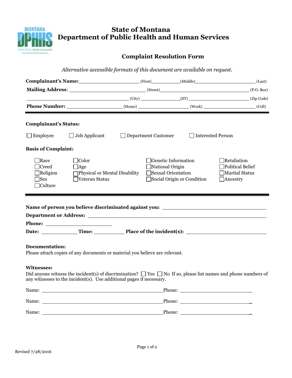 Montana Complaint Resolution Form - Fill Out, Sign Online and Download ...