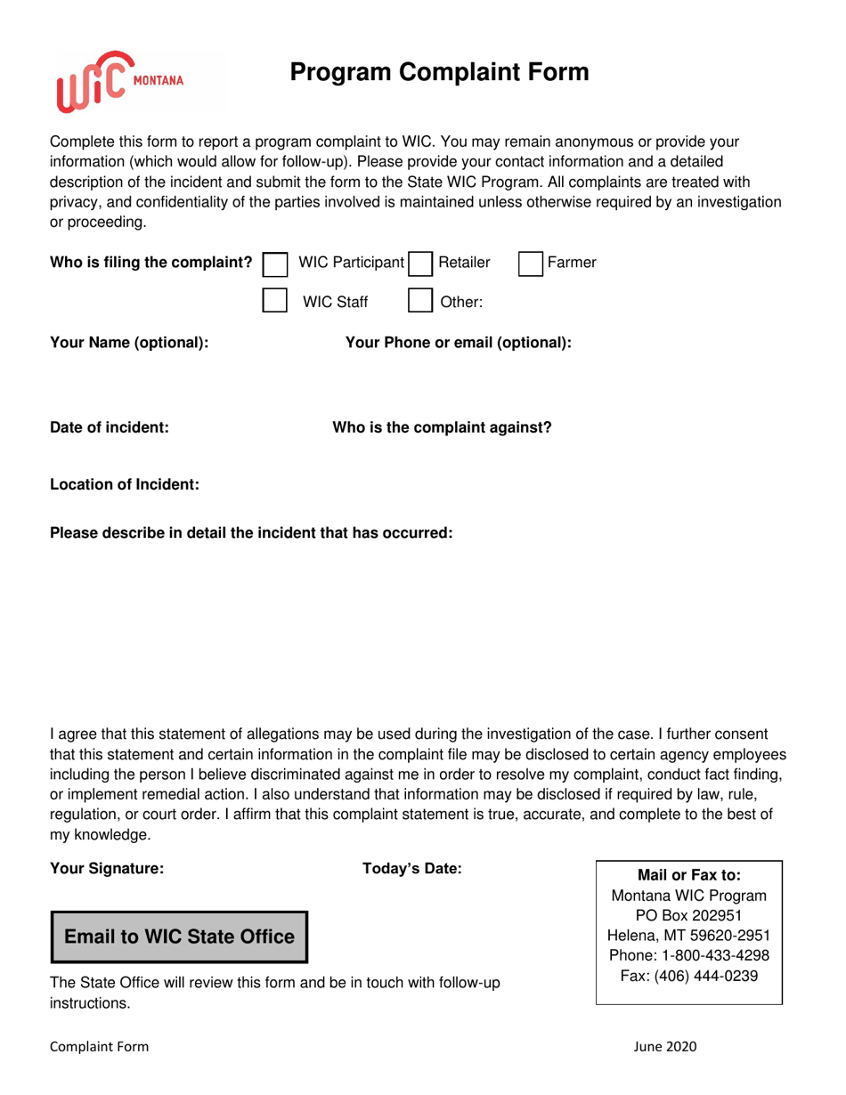 Montana Program Complaint Form - Fill Out, Sign Online and Download PDF ...