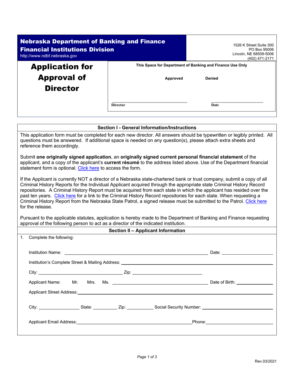 Nebraska Application for Approval of Director Download Printable PDF ...