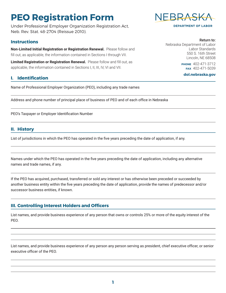 Nebraska Peo Registration Form - Fill Out, Sign Online and Download PDF ...
