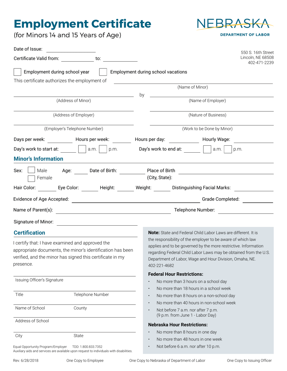 Nebraska Employment Certificate (For Minors 14 and 15 Years of Age ...
