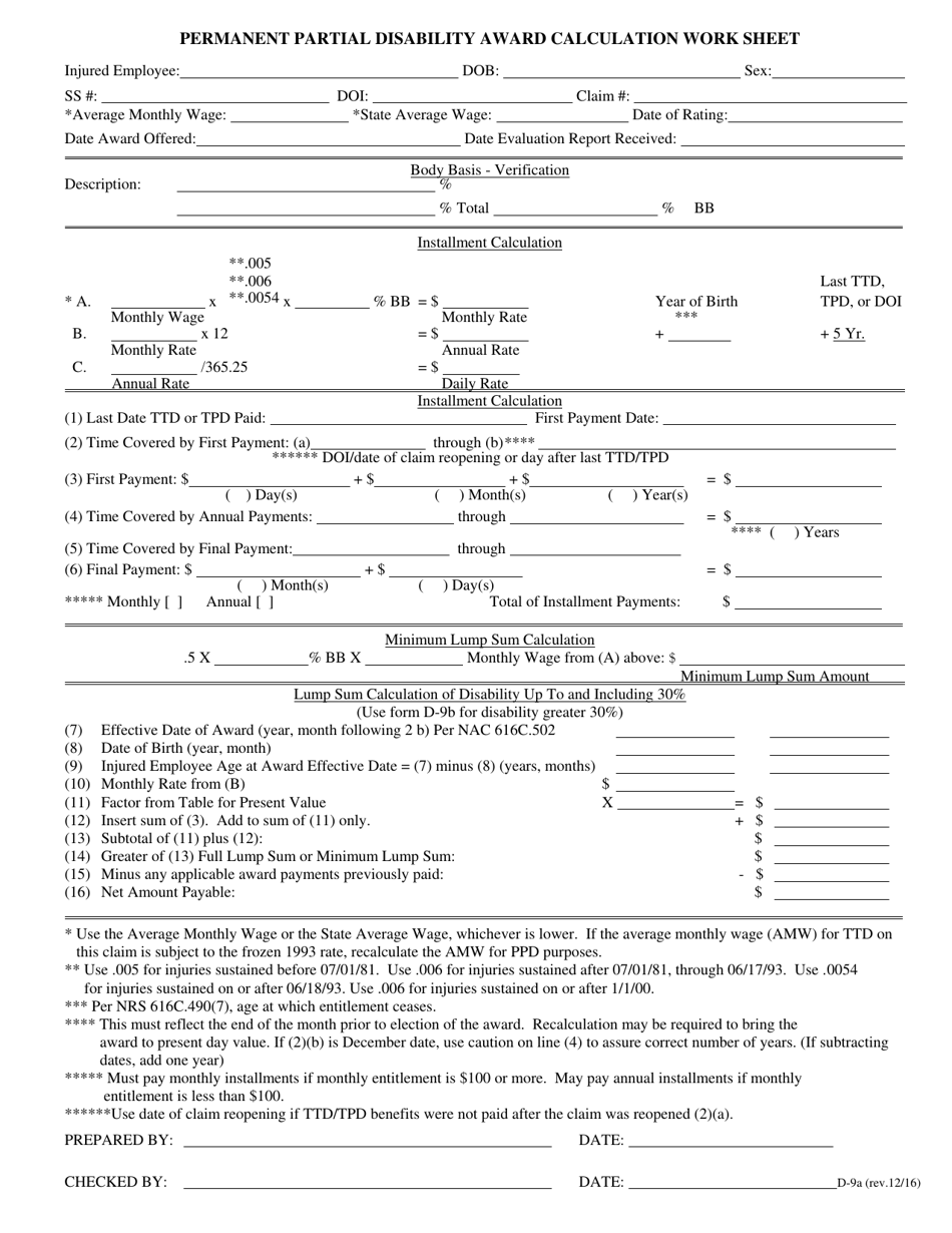 Form D-9A - Fill Out, Sign Online and Download Printable PDF, Nevada ...