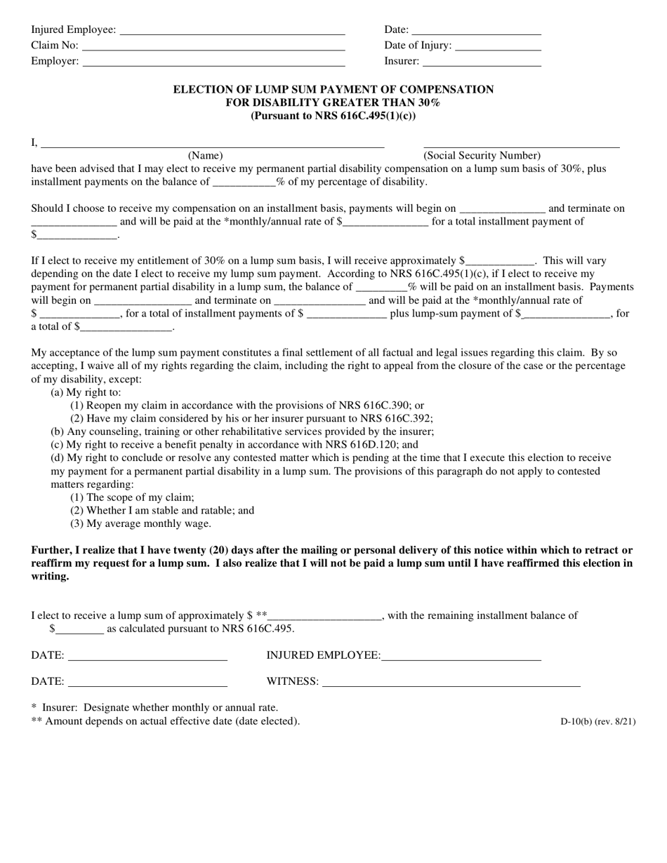 Form D-10(B) - Fill Out, Sign Online and Download Printable PDF, Nevada ...