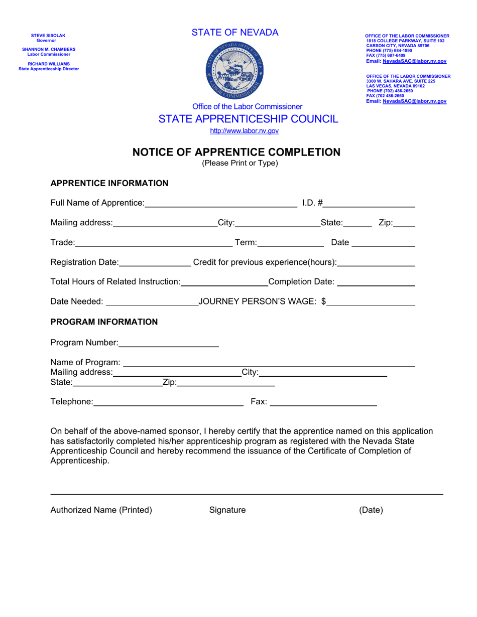 Nevada Notice of Apprentice Completion - Fill Out, Sign Online and ...