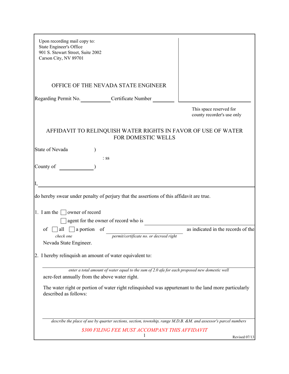 Nevada Affidavit to Relinquish Water Rights in Favor of Use of Water ...