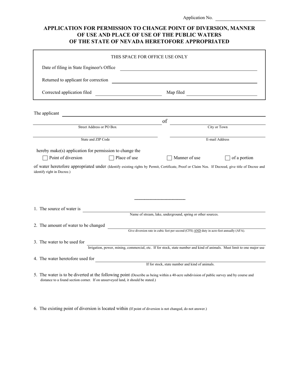 Nevada Application for Permission to Change Point of Diversion, Manner ...