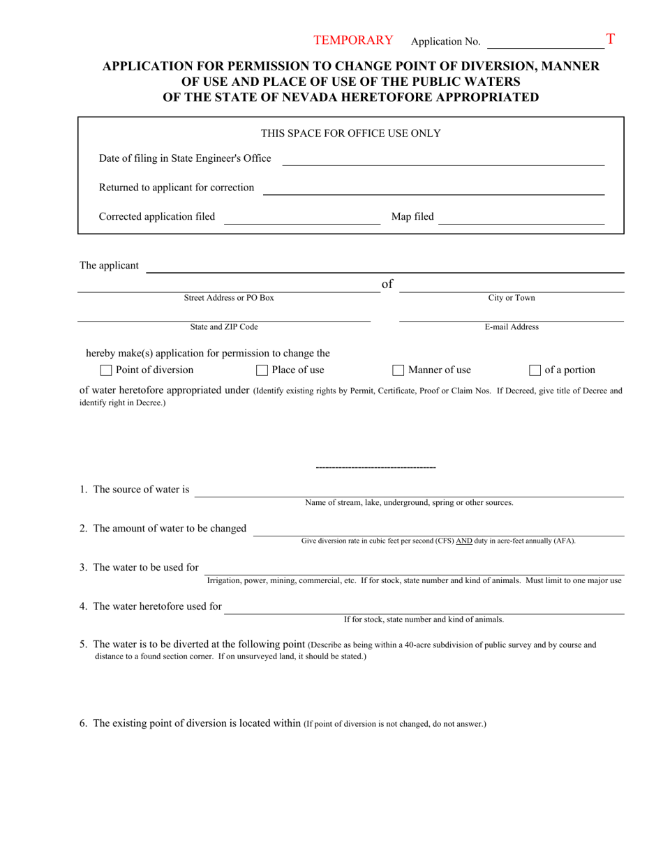 Nevada Temporary Application for Permission to Change Point of ...