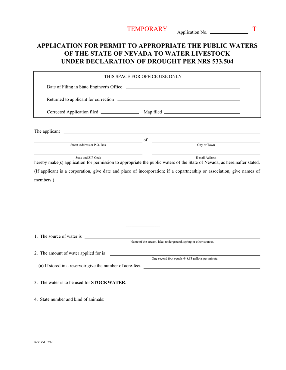 Nevada Temporary Application for Permit to Appropriate the Public ...