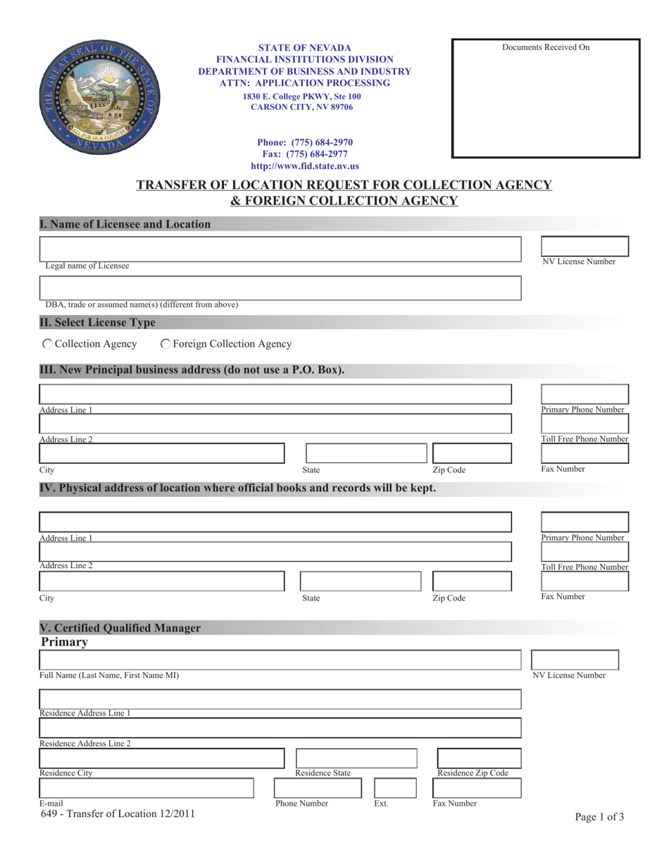 Nevada Transfer of Location Request for Collection Agency & Foreign ...