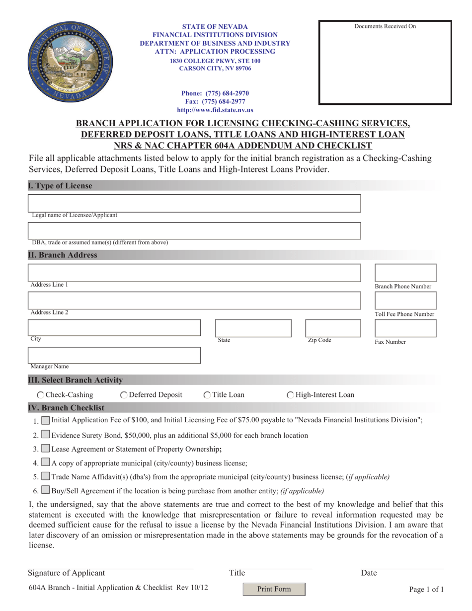 Nevada Branch Application for Licensing Checking-Cashing Services ...