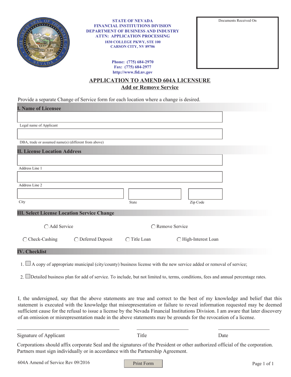Nevada Application to Amend 604a Licensure - Add or Remove Service ...