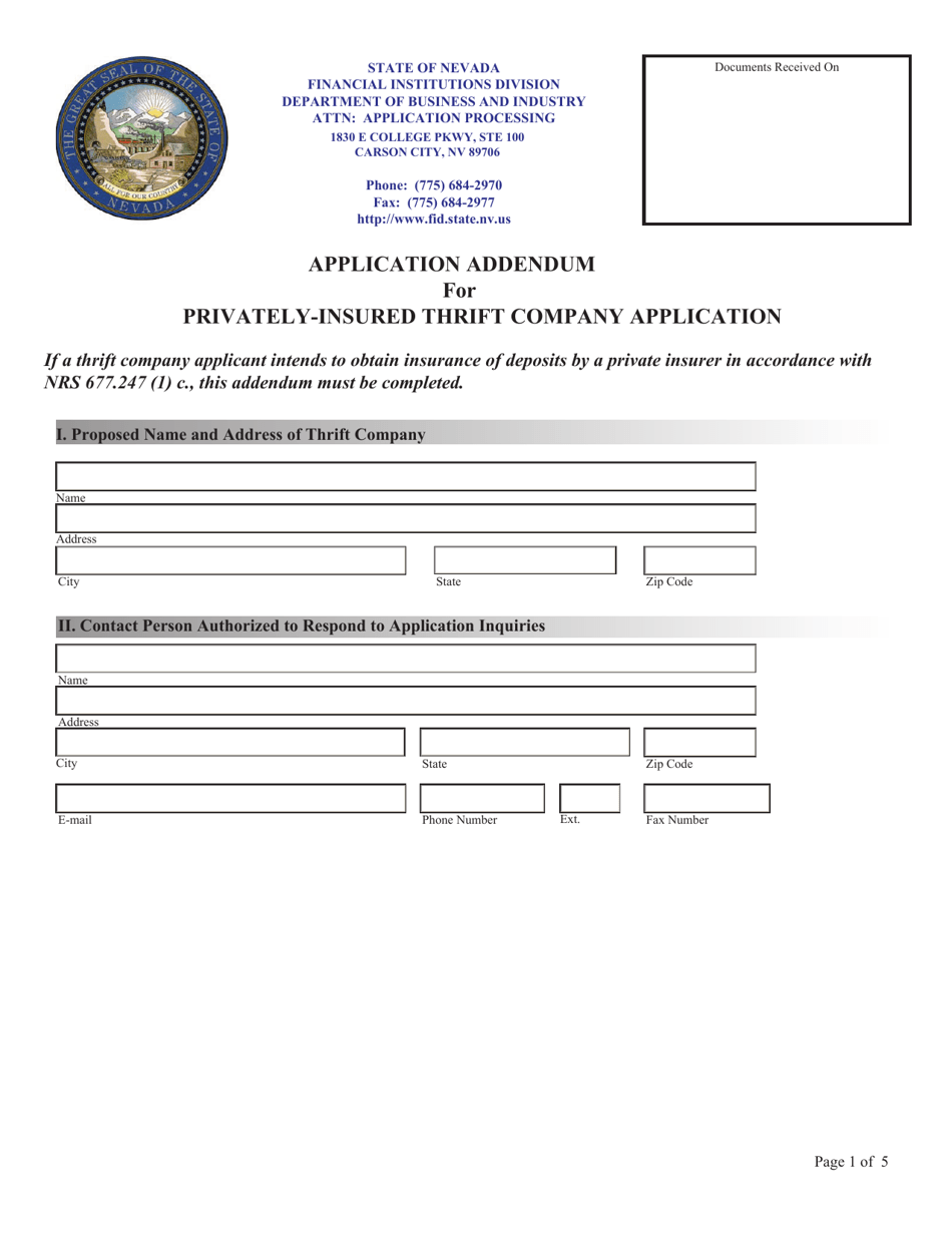 Nevada Application Addendum for Privately-Insured Thrift Company ...