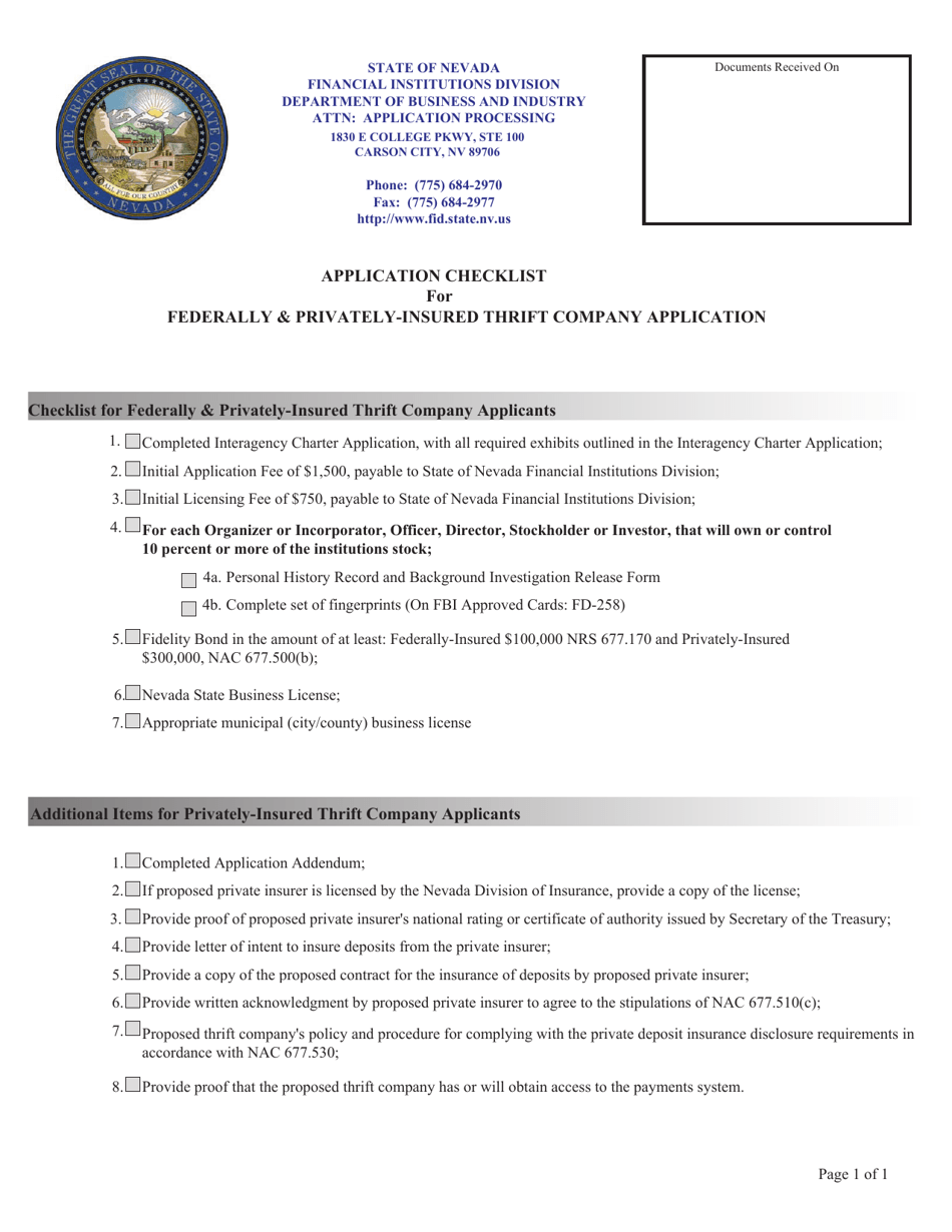 Nevada Application Checklist for Federally & Privately-Insured Thrift Company Application - Fill ...