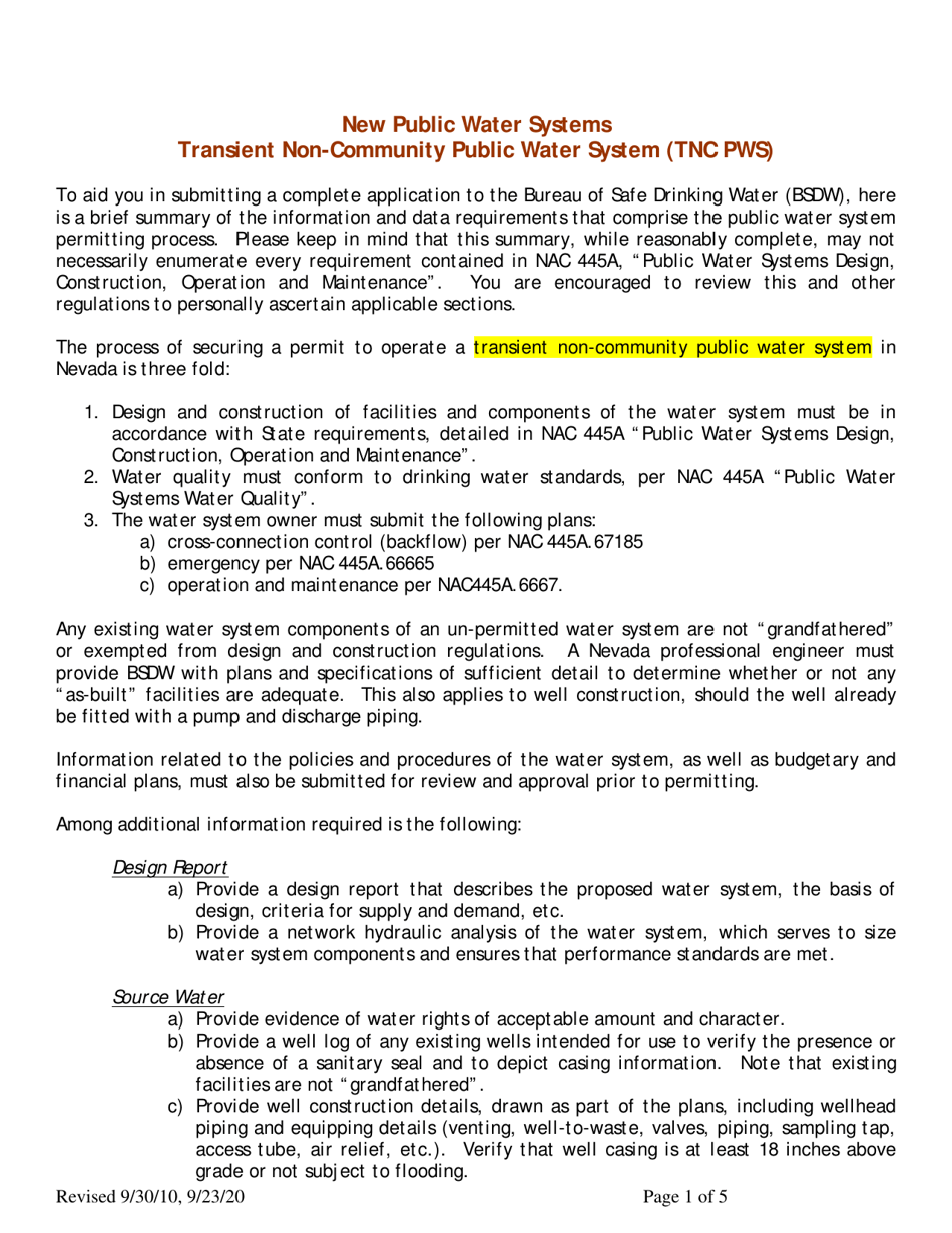 Nevada Application for Approval of Water Project - Transient Non ...