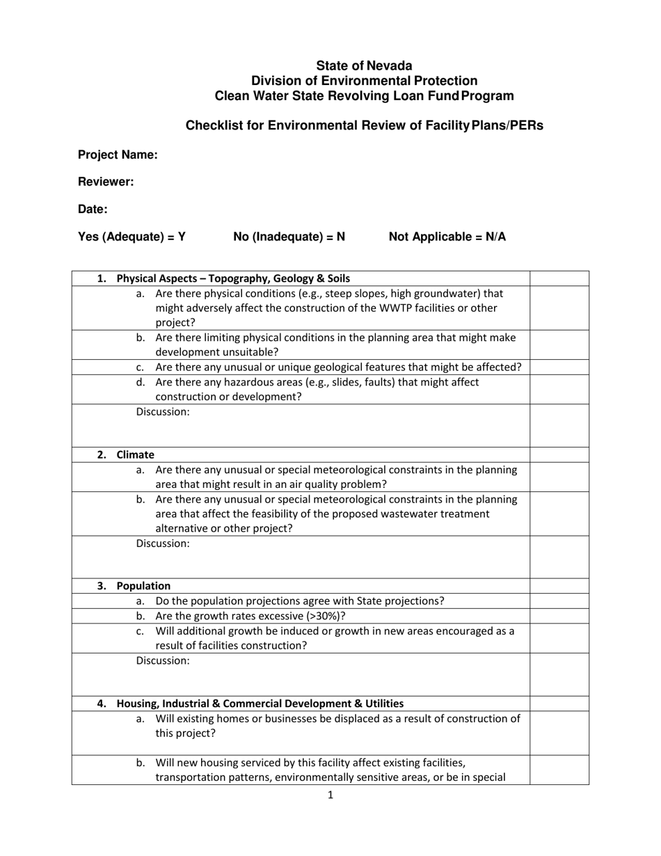 Nevada Checklist for Environmental Review of Facility Plans/Pers - Fill ...