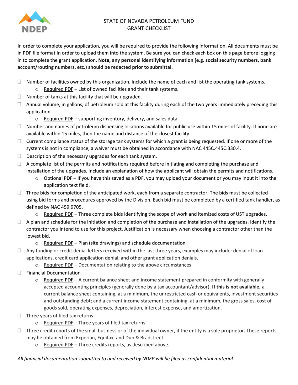 Nevada State of Nevada Petroleum Fund Grant Application Checklist ...