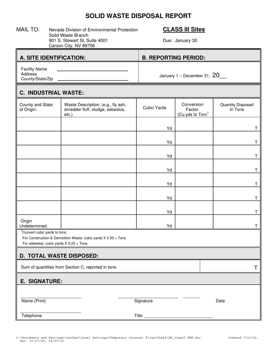 Nevada Solid Waste Disposal Report - Class Iii Sites - Fill Out, Sign ...